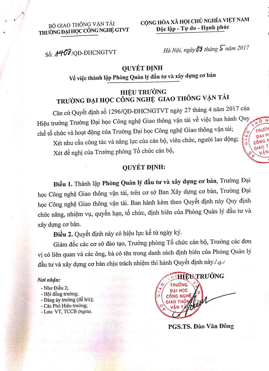 Quyết định Thành Lập Phòng Quản Lý Đầu Tư Và Xây Dựng Cơ Bản